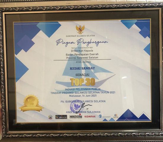 Inovasi Kedai Samsat Bapenda Sulsel Raih Penghargaan Top 30 Kipp